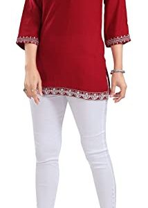 IshDeena Indian Kurtis for Women Indian Style Printed Embroidered Tunics Womens Tops Kurta (Extra Large, Red - 0622S1ID2)