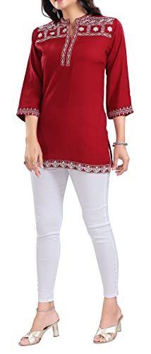 IshDeena Indian Kurtis for Women Indian Style Printed Embroidered Tunics Womens Tops Kurta (Extra Large, Red - 0622S1ID2)