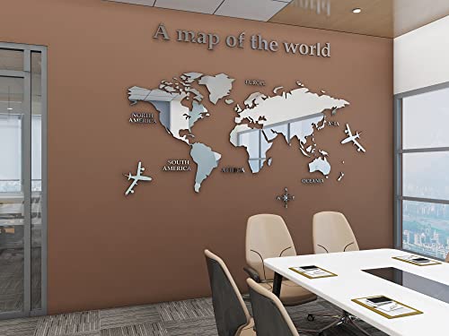 WINDIR 3D World Map Wall Stickers Decor Murals DIY Decal Silver 71x40 inch, Acrylic Office Wall Art Decor Bedroom Living Room TV Wall (Silver: 180x100 cm)