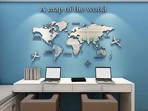 WINDIR 3D World Map Wall Stickers Decor Murals DIY Decal Silver 71x40 inch, Acrylic Office Wall Art Decor Bedroom Living Room TV Wall (Silver: 180x100 cm)