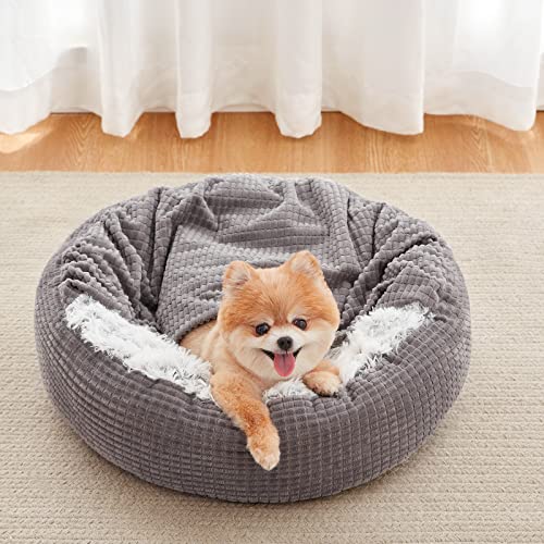 MIXJOY Small Dog Bed with Blanket Attached, Round Calming Hooded Cozy Cave Dog Beds for Small Dogs, Soft Plush Cuddler Puppy Pet Bed and Dog Burrow Cave Bed, Anti-Slip Bottom, 23inch