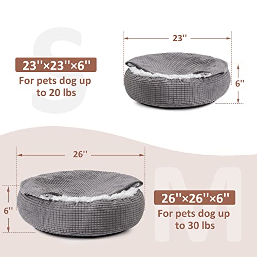 MIXJOY Small Dog Bed with Blanket Attached, Round Calming Hooded Cozy Cave Dog Beds for Small Dogs, Soft Plush Cuddler Puppy Pet Bed and Dog Burrow Cave Bed, Anti-Slip Bottom, 23inch