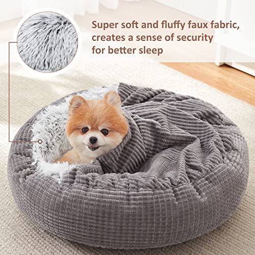 MIXJOY Small Dog Bed with Blanket Attached, Round Calming Hooded Cozy Cave Dog Beds for Small Dogs, Soft Plush Cuddler Puppy Pet Bed and Dog Burrow Cave Bed, Anti-Slip Bottom, 23inch