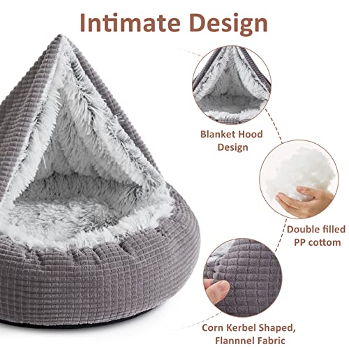 MIXJOY Small Dog Bed with Blanket Attached, Round Calming Hooded Cozy Cave Dog Beds for Small Dogs, Soft Plush Cuddler Puppy Pet Bed and Dog Burrow Cave Bed, Anti-Slip Bottom, 23inch