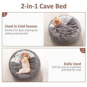 MIXJOY Small Dog Bed with Blanket Attached, Round Calming Hooded Cozy Cave Dog Beds for Small Dogs, Soft Plush Cuddler Puppy Pet Bed and Dog Burrow Cave Bed, Anti-Slip Bottom, 23inch