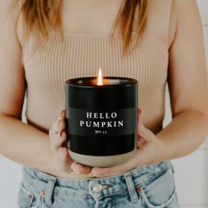 Sweet Water Decor Hello Pumpkin Soy Candle | Pumpkin, Warm Spices, Vanilla, and Whipped Cream Fall Scented Candles for Home | 12oz Black Stoneware Jar, 60+ Hour Burn Time, Made in The USA