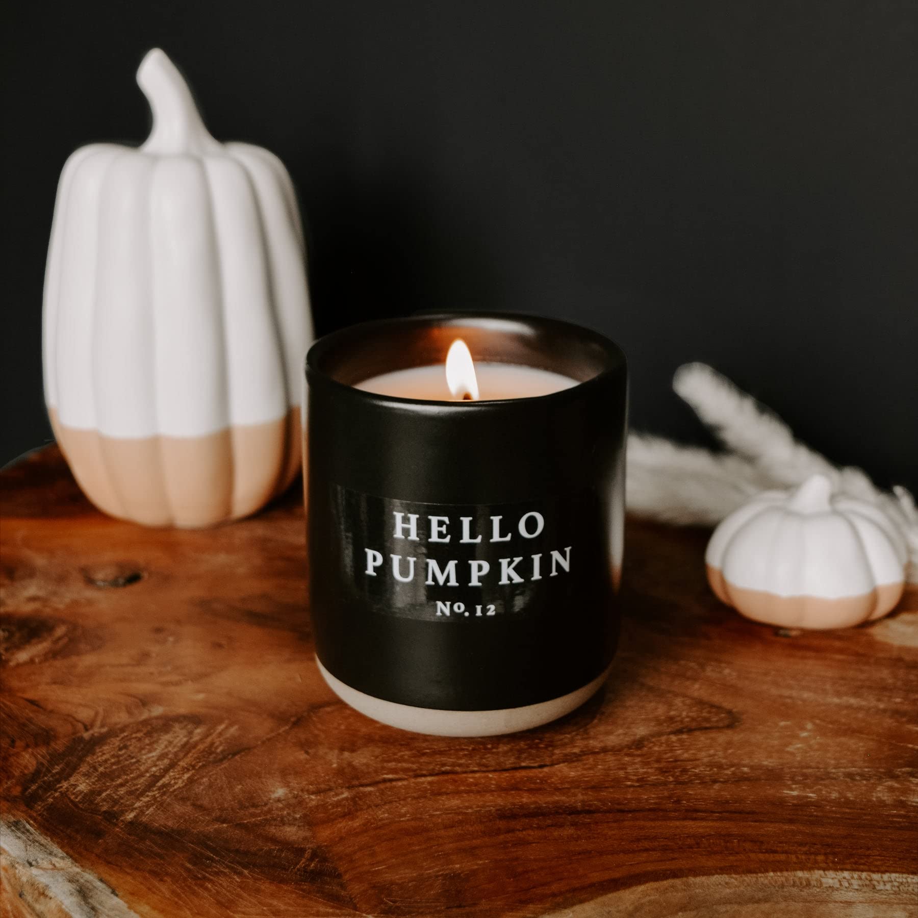 Sweet Water Decor Hello Pumpkin Soy Candle | Pumpkin, Warm Spices, Vanilla, and Whipped Cream Fall Scented Candles for Home | 12oz Black Stoneware Jar, 60+ Hour Burn Time, Made in The USA