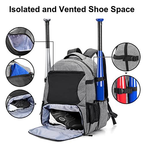 DSLEAF Baseball Backpack with Separate Shoe Space, Softball Bat Bag Holds Up to 4 Bats, Hence Hook and Multi Pockets for Essentials