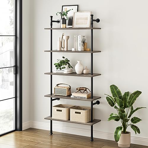 Realyoo Wall Mounted Bookshelf, 5 Tier Industrial Open Vintage Bookcase, Rustic Wood and Metal Book Shelf, Tall Modern Book Case for Office Home Living Room Bedroom - Oak Gray