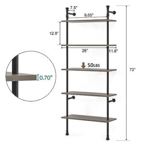 Realyoo Wall Mounted Bookshelf, 5 Tier Industrial Open Vintage Bookcase, Rustic Wood and Metal Book Shelf, Tall Modern Book Case for Office Home Living Room Bedroom - Oak Gray