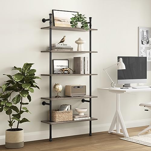 Realyoo Wall Mounted Bookshelf, 5 Tier Industrial Open Vintage Bookcase, Rustic Wood and Metal Book Shelf, Tall Modern Book Case for Office Home Living Room Bedroom - Oak Gray