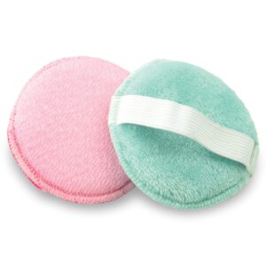 s&t inc. gentle face scrubbers, dual sided face exfoliators with elastic strap, 3.3 inch diameter, 2 pack, teal/pink