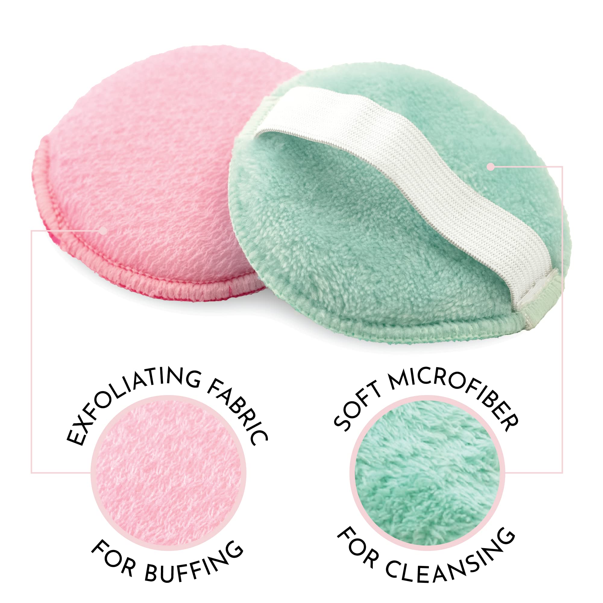 S&T INC. Gentle Face Scrubbers, Dual Sided Face Exfoliators with Elastic Strap, 3.3 Inch Diameter, 2 Pack, Teal/Pink