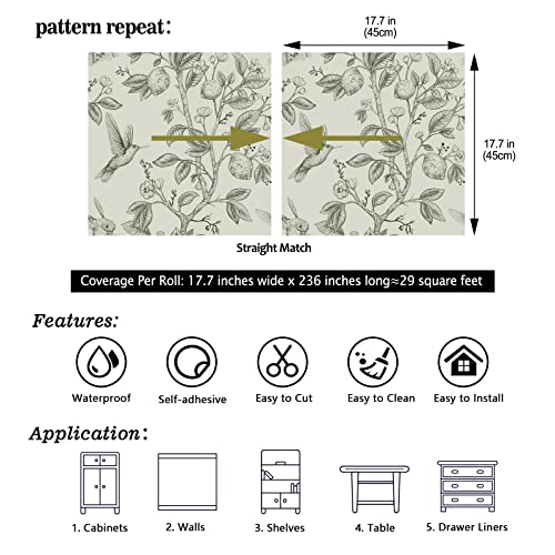 CHIHUT 17.7 inch × 236 inch Green Floral Peel and Stick Wallpaper Birds Self Adhesive Removable Wallpaper Waterproof Lemon Tree Floral Leaf Wall Decals Vinyl Prepasted for Bathroom Nursery Wall Decor