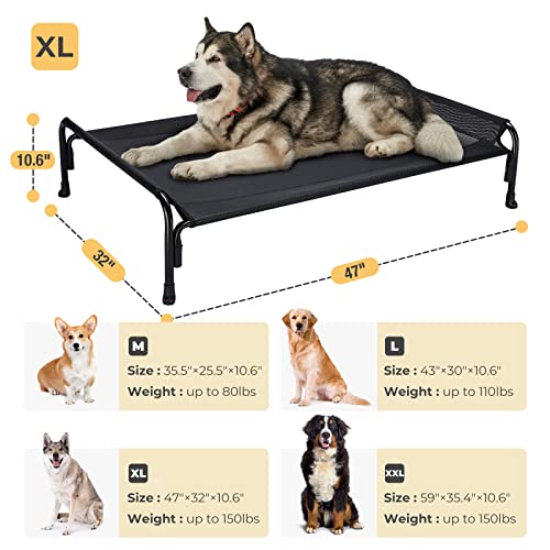 Veehoo Elevated Dog Bed, Outdoor Raised Dog Cots Bed for Large Dogs, Cooling Camping Elevated Pet Bed with Slope Headrest for Indoor and Outdoor, Washable Breathable, X-Large, Black, CWC2204