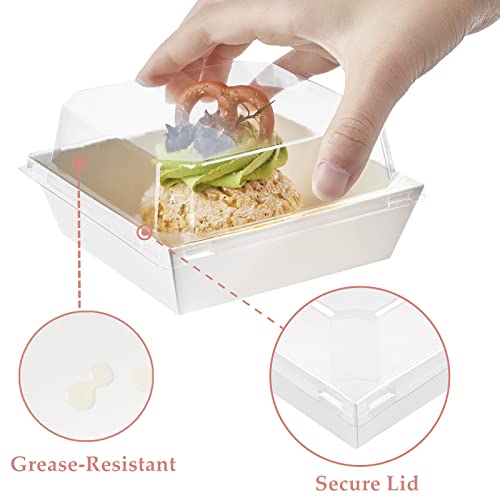 Ocmoiy 50Pk Paper Charcuterie Boxes with Clear Secure Lids, 4" Square Disposable To-Go Dessert Containers White Bakery Boxes for Strawberries, Cookies, Cake Slice, Brownies and Cinnamon Rolls