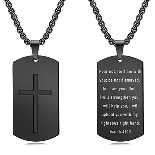 Rnivida Men's Black Cross Tag Pendant Necklace, Stainless Steel Inspirational Bible Verse Necklace for Men Boys (Isaiah 41:10 - Black)