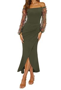 btfbm women elegant off shoulder dresses sheer long sleeve mesh ruched wrap split bodycon maxi cocktail wedding guest dress(solid army green, large)