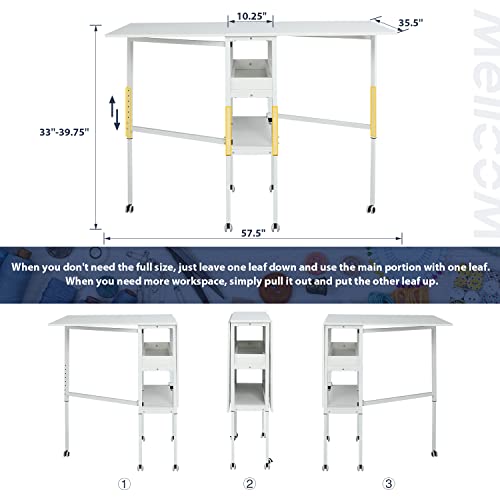 MELLCOM Height Adjustable Craft Table with Storage Shelves, Mobile Folding Cutting Table for Large Fabric, Foldable Table for Home Office Sewing Room Craft Room