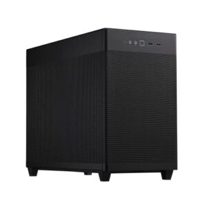 asus prime ap201 33-liter microatx black case with tool-free side panels and a quasi-filter mesh, with support for 360 mm coolers, graphics cards up to 338 mm long, and standard atx psus