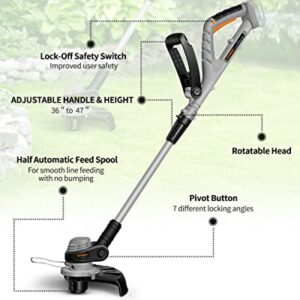 WORKSITE 20V Cordless String Trimmer/Edger, 20V 10 Inch Grass Trimmer with Auto Feed, 2 Trimmer Spool Line, 2.0Ah Battery and Charger Included, for Garden and Yard