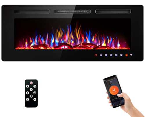 SUNNY FLAME 50" Electric Fireplace with Wi-Fi/Remote Control Wall Mounted and Recessed, Low Noise Fireplace with Timer, Touch Screen, Adjustable Flame Color and Speed, 750W/1500W, Log Set & Crystal