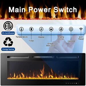 SUNNY FLAME 50" Electric Fireplace with Wi-Fi/Remote Control Wall Mounted and Recessed, Low Noise Fireplace with Timer, Touch Screen, Adjustable Flame Color and Speed, 750W/1500W, Log Set & Crystal