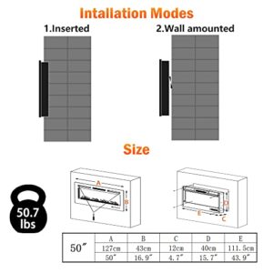 SUNNY FLAME 50" Electric Fireplace with Wi-Fi/Remote Control Wall Mounted and Recessed, Low Noise Fireplace with Timer, Touch Screen, Adjustable Flame Color and Speed, 750W/1500W, Log Set & Crystal