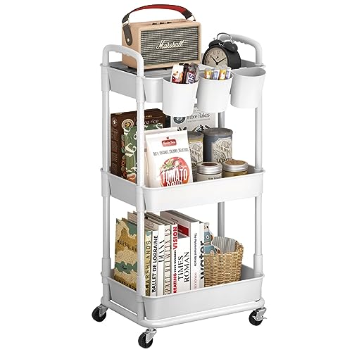 JIUYOTREE 3-Tier Plastic Rolling Storage Cart Utility Cart with Extra Hanging Cups Handles Lockable Wheels for Living Room Bathroom Kitchen Office White