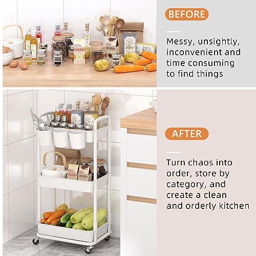 JIUYOTREE 3-Tier Plastic Rolling Storage Cart Utility Cart with Extra Hanging Cups Handles Lockable Wheels for Living Room Bathroom Kitchen Office White