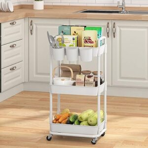 JIUYOTREE 3-Tier Plastic Rolling Storage Cart Utility Cart with Extra Hanging Cups Handles Lockable Wheels for Living Room Bathroom Kitchen Office White