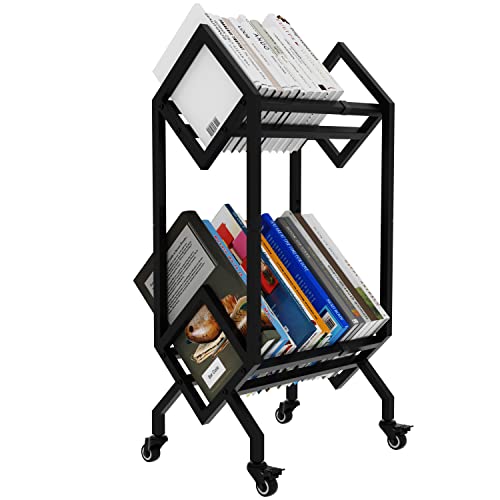 VEDECASA Bookshelf Book Cart Rack Industrial Metal Bookcase 2 Tier Holder with Wheels Modern Stylish Design Magazines Files Album Recipe Book Storage Organizer for Sofa End Bed Beside