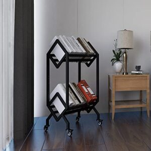 VEDECASA Bookshelf Book Cart Rack Industrial Metal Bookcase 2 Tier Holder with Wheels Modern Stylish Design Magazines Files Album Recipe Book Storage Organizer for Sofa End Bed Beside