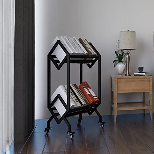 VEDECASA Bookshelf Book Cart Rack Industrial Metal Bookcase 2 Tier Holder with Wheels Modern Stylish Design Magazines Files Album Recipe Book Storage Organizer for Sofa End Bed Beside