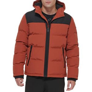 dkny men's shawn quilted mixed media hooded puffer jacket, arabian spice, medium