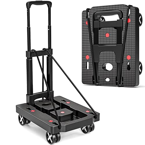 Folding Hand Truck Dolly, Yolid Foldable Luggage Cart with 360° Rotate Wheels and Elastic Ropes, Portable Flatbed Cart Collapsible Hand Truck for Moving, Luggage, Travel, Shopping, Office Use