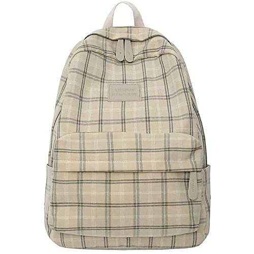 Aesthetic Backpack Kawaii Casual Plaid Daypack Preppy Backpack Back to School Light Academia Bookbags for Girls (Beige) One Size