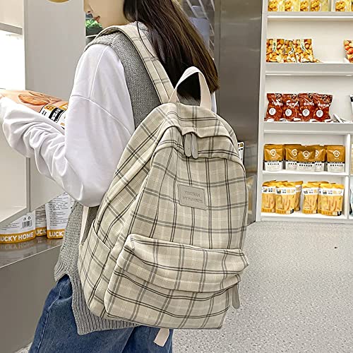 Aesthetic Backpack Kawaii Casual Plaid Daypack Preppy Backpack Back to School Light Academia Bookbags for Girls (Beige) One Size