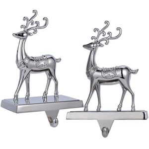 desami stocking holder set of 2 - christmas reindeer stocking hanger for mantel - silver metal deer christmas stocking holder for fireplace mantle - heavy stocking holder for mantle with hook