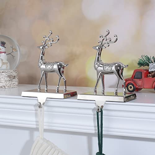 Desami Stocking Holder Set of 2 - Christmas Reindeer Stocking Hanger for Mantel - Silver Metal Deer Christmas Stocking Holder for Fireplace Mantle - Heavy Stocking Holder for Mantle with Hook