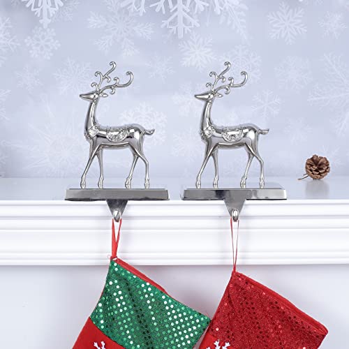 Desami Stocking Holder Set of 2 - Christmas Reindeer Stocking Hanger for Mantel - Silver Metal Deer Christmas Stocking Holder for Fireplace Mantle - Heavy Stocking Holder for Mantle with Hook