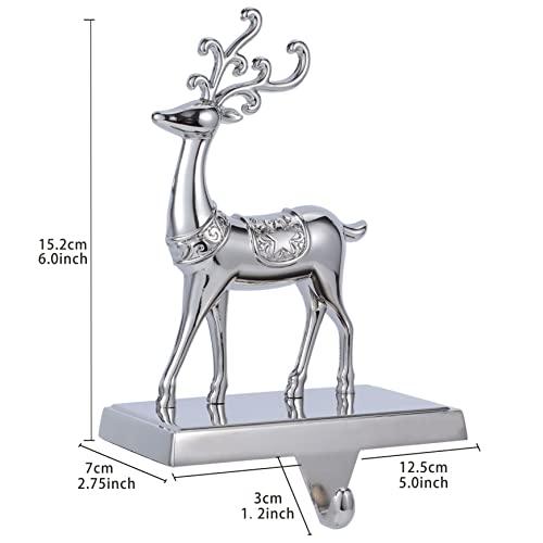 Desami Stocking Holder Set of 2 - Christmas Reindeer Stocking Hanger for Mantel - Silver Metal Deer Christmas Stocking Holder for Fireplace Mantle - Heavy Stocking Holder for Mantle with Hook