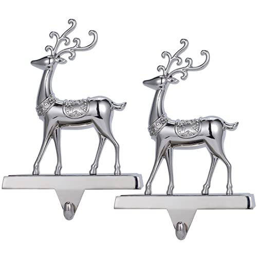 Desami Stocking Holder Set of 2 - Christmas Reindeer Stocking Hanger for Mantel - Silver Metal Deer Christmas Stocking Holder for Fireplace Mantle - Heavy Stocking Holder for Mantle with Hook