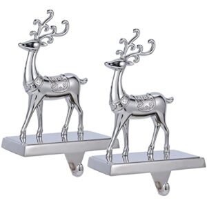 Desami Stocking Holder Set of 2 - Christmas Reindeer Stocking Hanger for Mantel - Silver Metal Deer Christmas Stocking Holder for Fireplace Mantle - Heavy Stocking Holder for Mantle with Hook