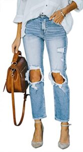 mingalondon ladies ripped mom jeans high waisted distressed stretchy boyfriend denim pants light blue l