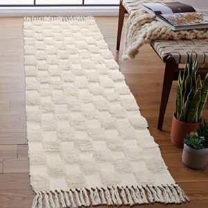 lanffia boho runner rug 2x6, beige hallway rug runner washable checkerboard tufted rug with tassels indoor farmhouse floor carpet for kitchen laundry room doorway bedroom living room