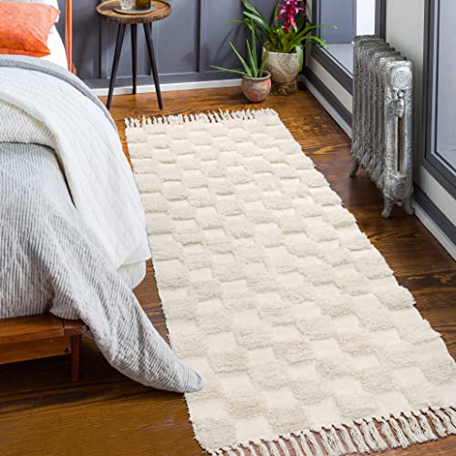 Lanffia Boho Runner Rug 2x6, Beige Hallway Rug Runner Washable Checkerboard Tufted Rug with Tassels Indoor Farmhouse Floor Carpet for Kitchen Laundry Room Doorway Bedroom Living Room