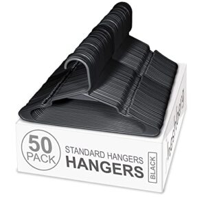 heshberg plastic notched hangers space saving tubular clothes hangers standard size ideal for everyday use on shirts, coats, pants, dress, skirts, etc. (50 pack, black)