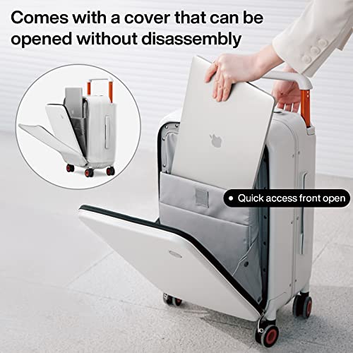 mixi Carry On Luggage Wide Handle Luxury Design Rolling Travel Suitcase PC Hardside with Aluminum Frame Hollow Spinner Wheels, with Cover, 20 inch, Smoke White