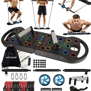 HOTWAVE Portable Exercise Equipment with 16 Gym Accessories.20 in 1 Push Up Board Fitness,Resistance Bands with Ab Roller Wheel,Full Body Workout at Home,Patent Pending